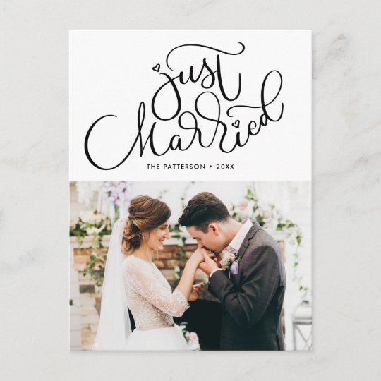 Lovely Hand Lettered Just Married Photo Wedding Announcement Postcard ...