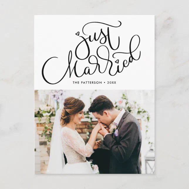 Lovely Hand Lettered Just Married Photo Wedding Announcement Postcard ...