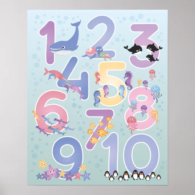 Lovely Illustrations of Sea Animals One-Ten Number Poster | Zazzle