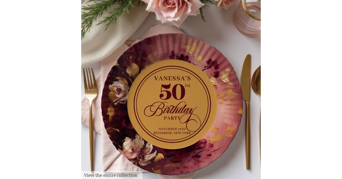 Lovely Maroon Blush Gold Floral 50th Birthday Paper Plates | Zazzle