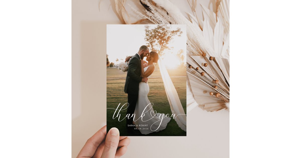lovely modern script wedding thank you photo card | Zazzle