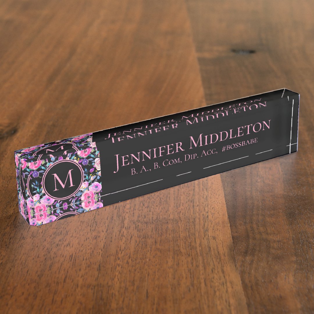 Lovely Personalized Pink Black Floral Monogram Desk Name Plate | Zazzle