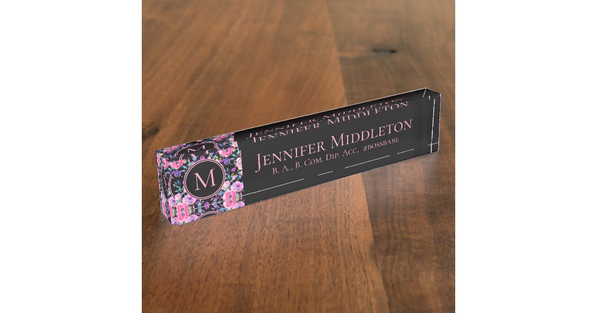 Lovely Personalized Pink Black Floral Monogram Desk Name Plate | Zazzle