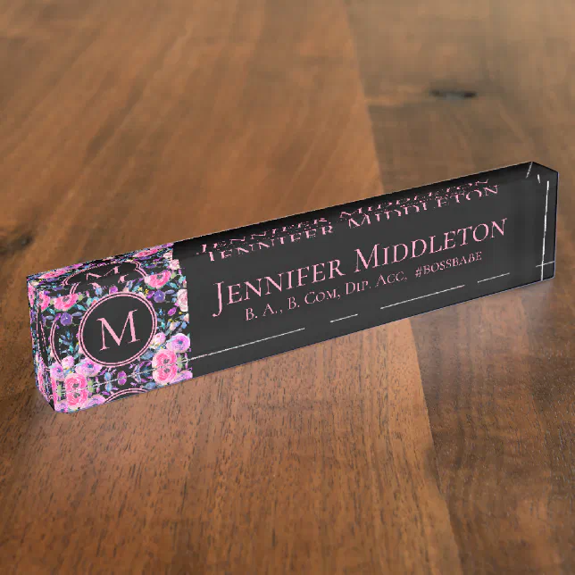 Lovely Personalized Pink Black Floral Monogram Desk Name Plate | Zazzle