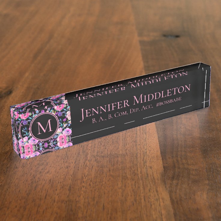 Lovely Personalized Pink Black Floral Monogram Desk Name Plate | Zazzle