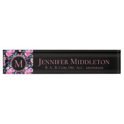 Lovely Personalized Pink Black Floral Monogram Desk Name Plate | Zazzle