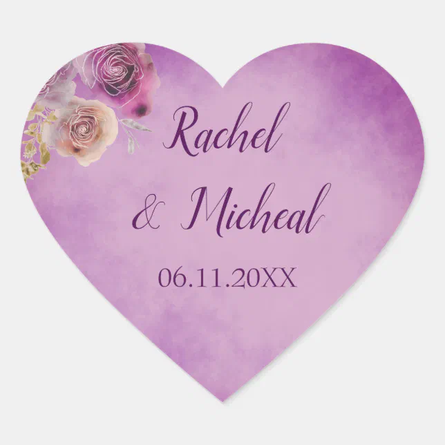 Lovely Purple Watercolor Floral Wedding Heart Sticker | Zazzle