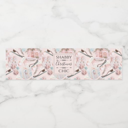 Lovely Shabby Chic Pink Christmas Pattern Water Bottle Label | Zazzle
