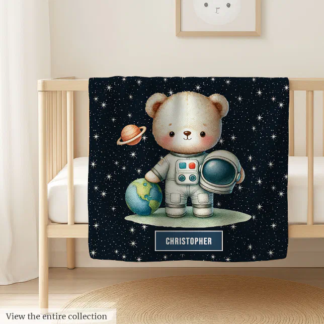 Lovely Space Teddy Bear Baby Boy Blanket with Name | Zazzle