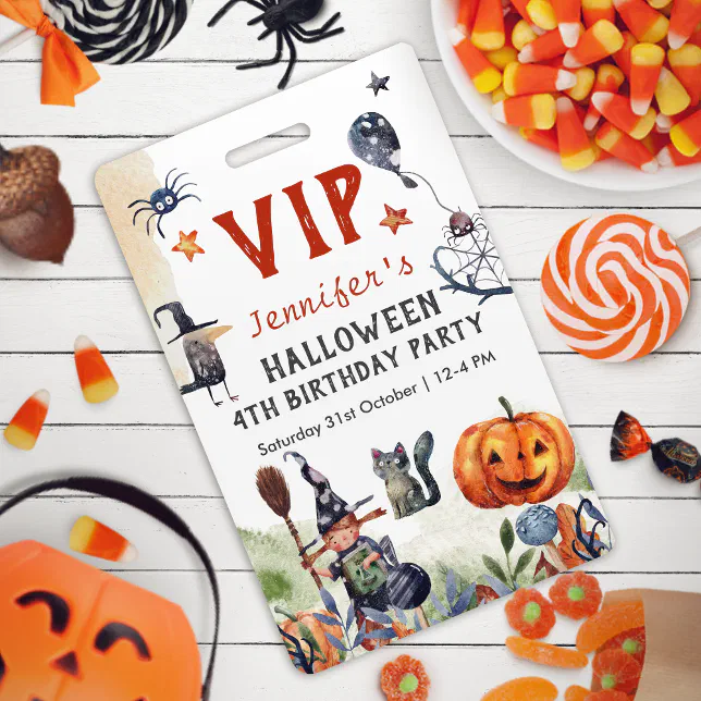 Lovely Watercolor Kids Birthday Halloween VIP Badge | Zazzle