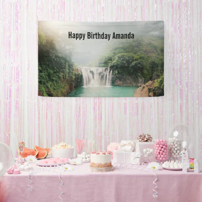 Lovely Waterfall in a Mountain Forest Birthday Banner | Zazzle