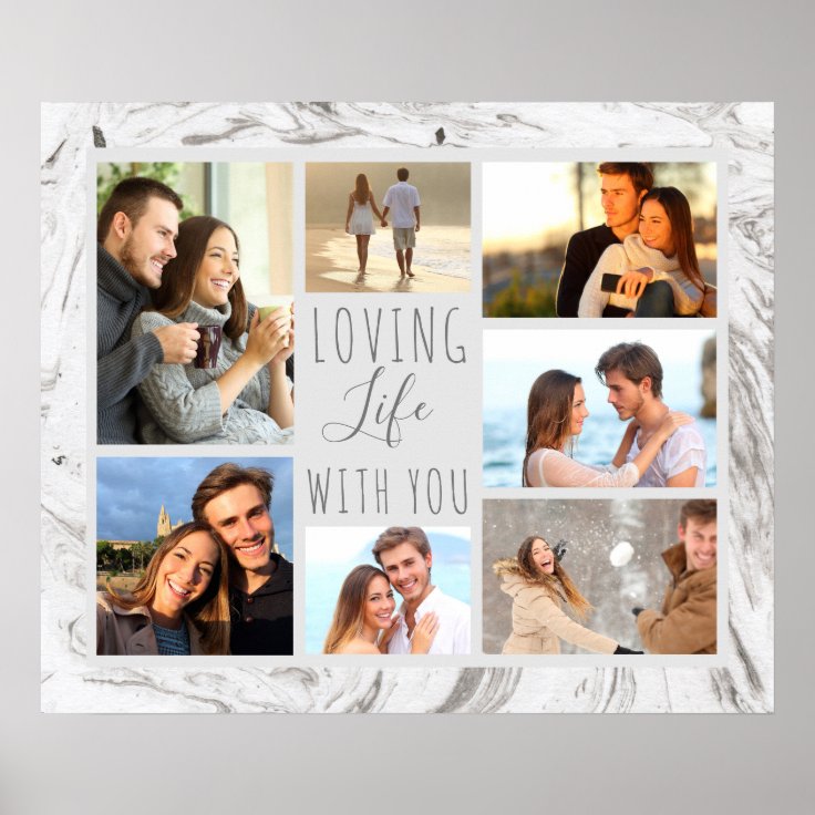 Loving Life with You 7 Photo Collage - Grey Marble Poster | Zazzle