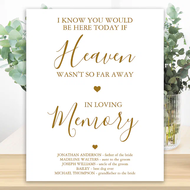 Loving Memory Gold Heaven Poem Wedding Memorial Poster | Zazzle