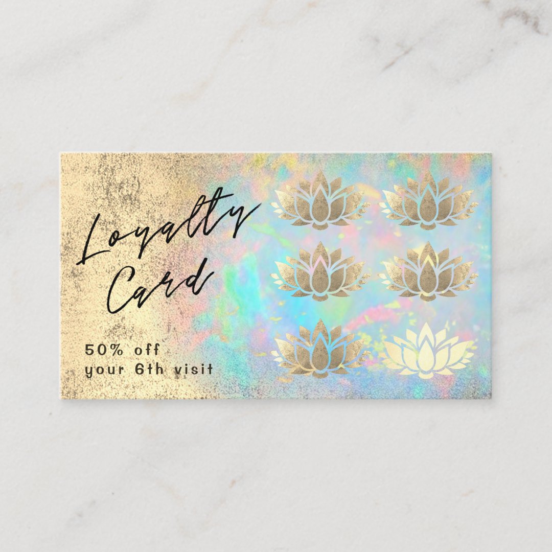 loyalty card faux gold foil lotus on opal texture | Zazzle