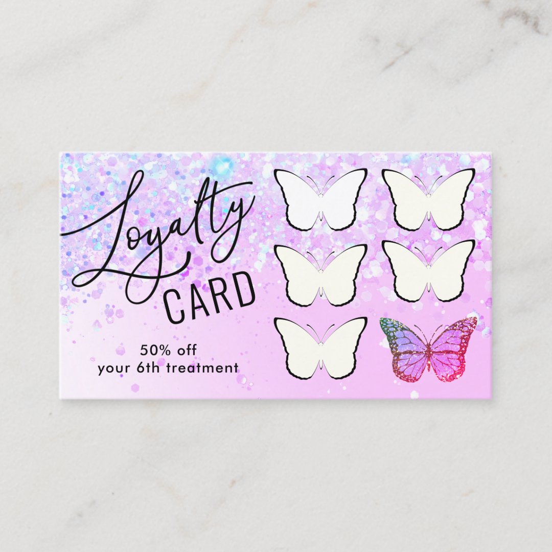 loyalty card purple faux glitter butterfly | Zazzle