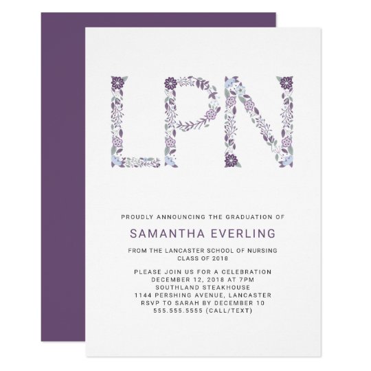 LPN graduation celebration, floral nurse purple Invitation | Zazzle.com
