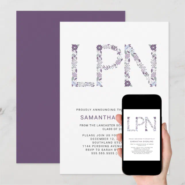LPN graduation celebration, floral nurse purple Invitation | Zazzle