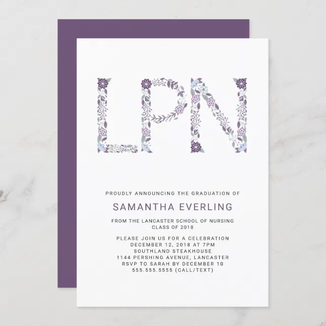 LPN graduation celebration, floral nurse purple Invitation | Zazzle