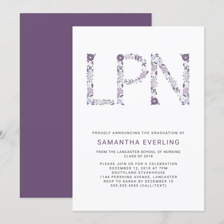 LPN graduation celebration, floral nurse purple Invitation | Zazzle