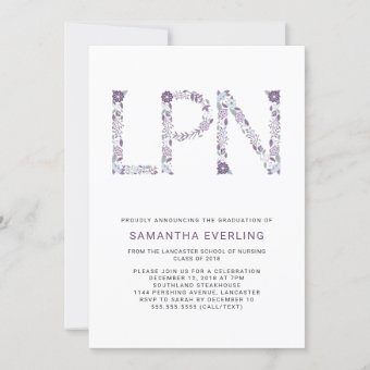 LPN graduation celebration, floral nurse purple Invitation | Zazzle