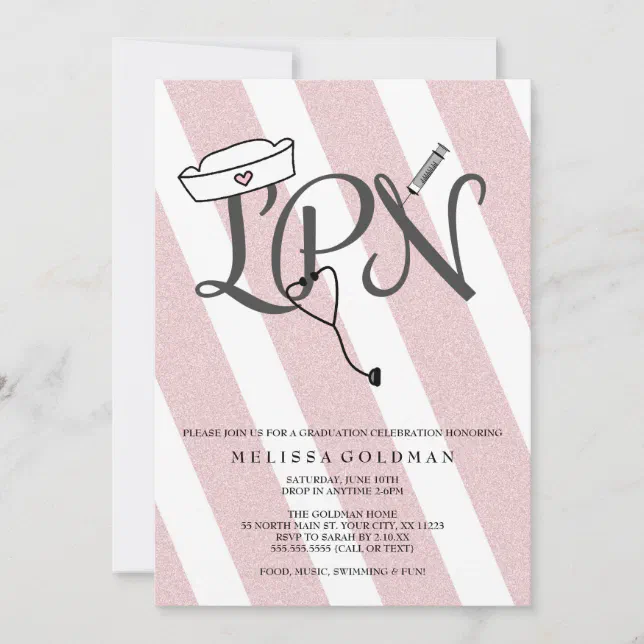 LPN nurse graduation invites blush pink glitter | Zazzle