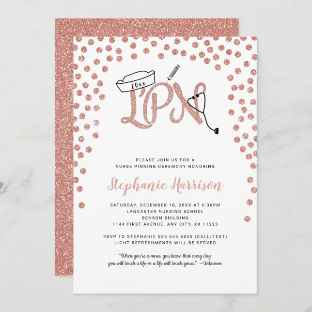 LPN nurse graduation rose gold confetti pinning Invitation | Zazzle
