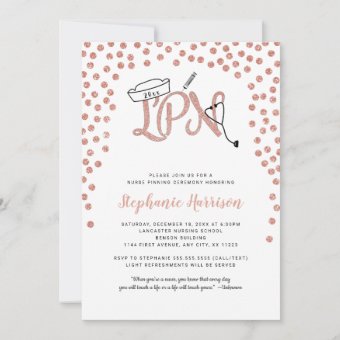 LPN nurse graduation rose gold confetti pinning Invitation | Zazzle