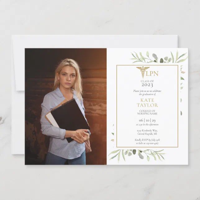 LPN Nursing Graduation Greenery Photo Invitation | Zazzle