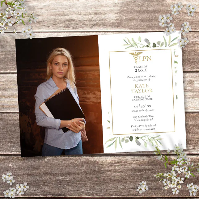 LPN Nursing Graduation Greenery Photo Invitation | Zazzle