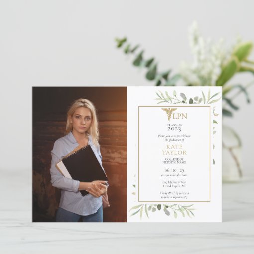 LPN Nursing Graduation Greenery Photo Invitation | Zazzle