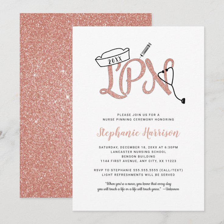 LPN pinning ceremony invitation, rose gold glitter Invitation | Zazzle