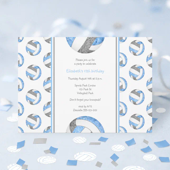 lt blue gray girls cute volleyball birthday party invitation | Zazzle