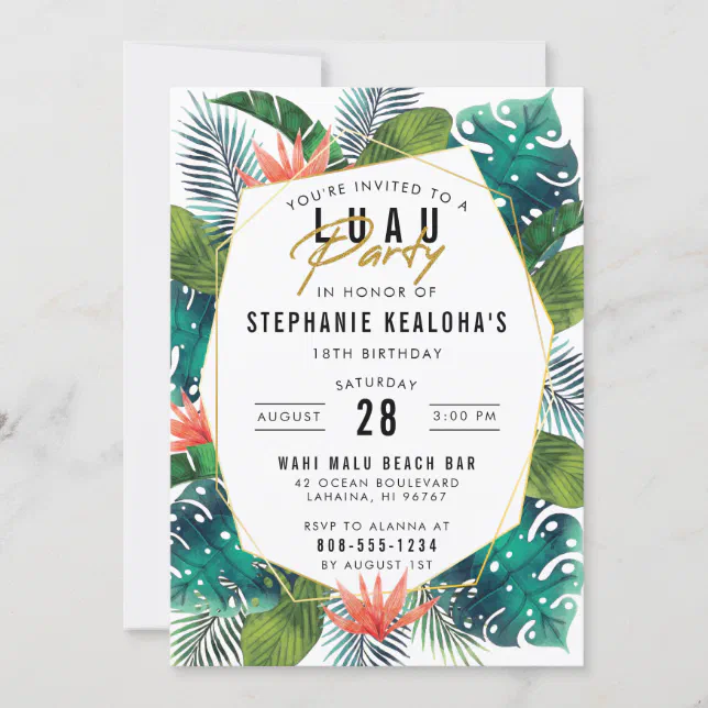 Luau Party Modern Gold Tropical Hawaiian Birthday Invitation | Zazzle