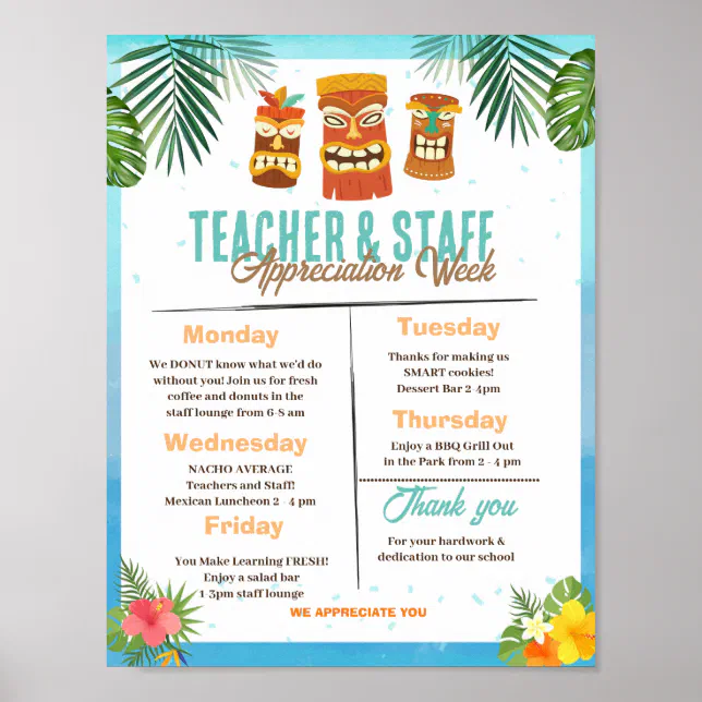 Luau Teacher Appreciation Week Itinerary Poster | Zazzle