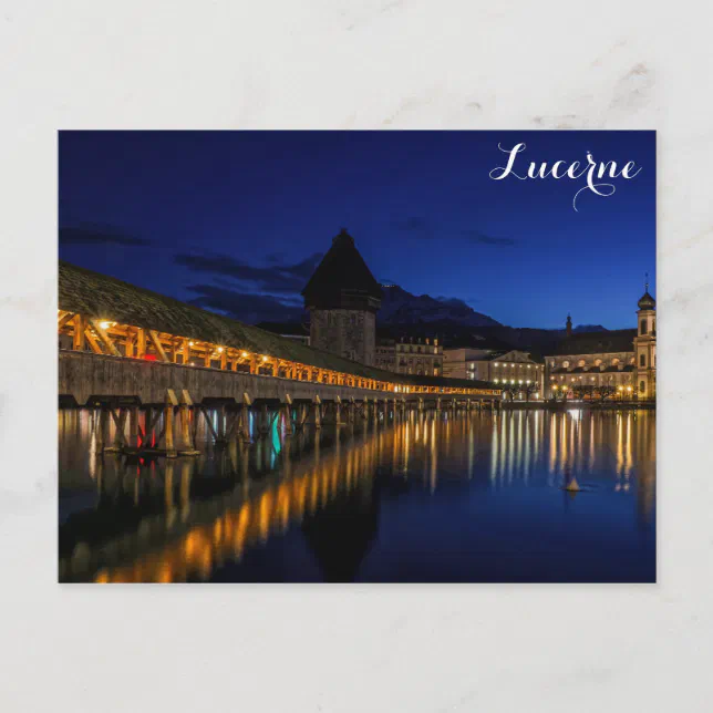 Lucerne Switzerland Chapel Bridge at Night Postcard | Zazzle