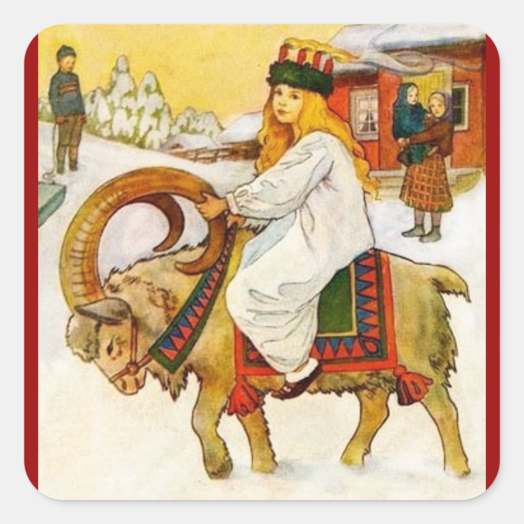 Lucia Riding a Christmas Goat Square Sticker | Zazzle