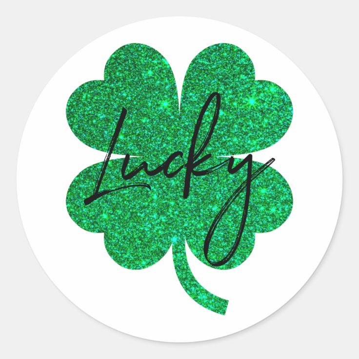 Lucky glitter four leaf clover classic round sticker | Zazzle