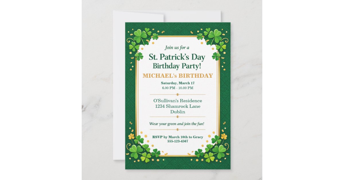 Lucky Green Gold Festive Shamrock Clover Birthday Invitation | Zazzle