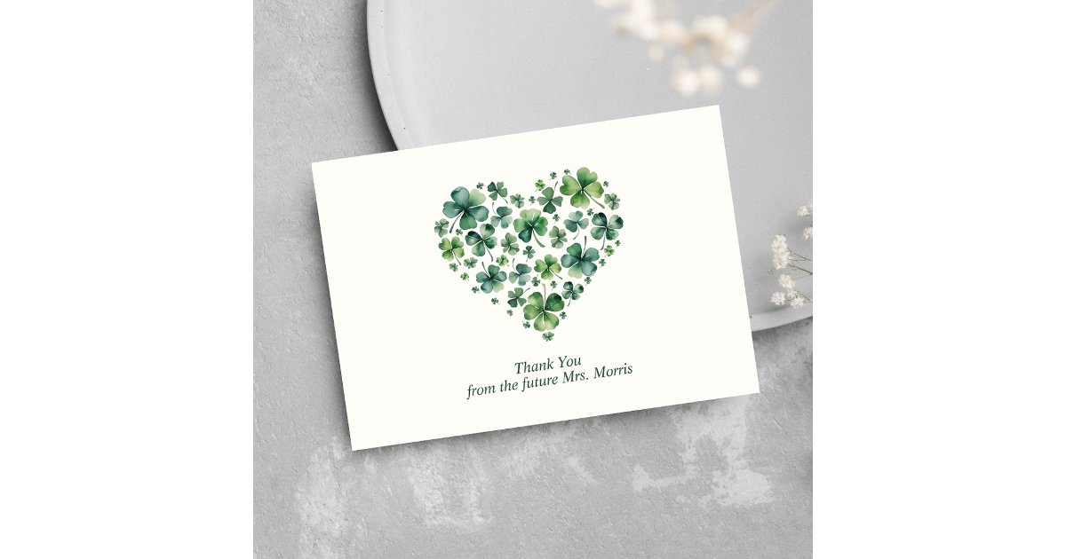 Lucky in Love Shamrock Heart Bridal Shower Thank You Card | Zazzle