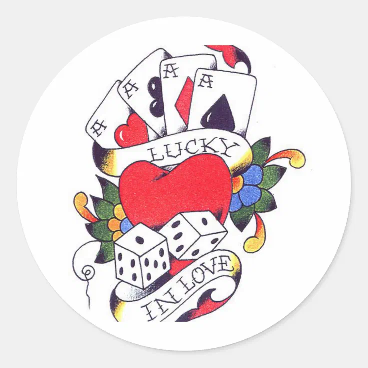 LUCKY IN LOVE TATTOO CLASSIC ROUND STICKER | Zazzle