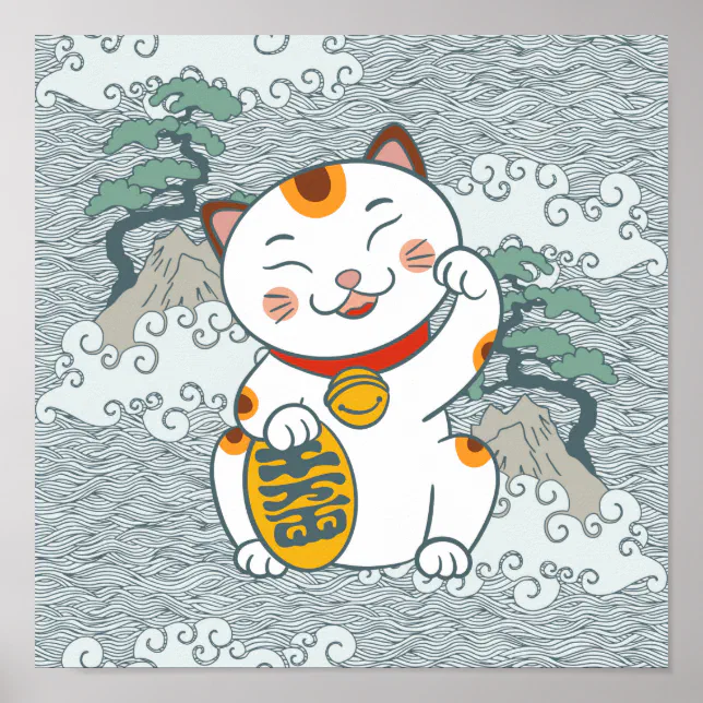 Lucky Japanese Calico Cat | Maneki Neko Left Paw Poster | Zazzle