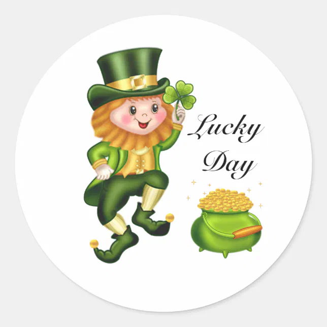 Lucky leprechaun, shamrock & pot of gold classic round sticker | Zazzle