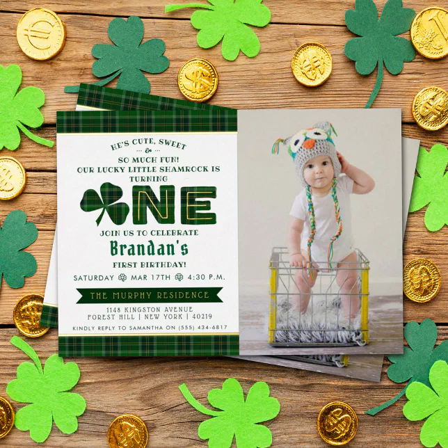 Lucky Little Shamrock 1st Birthday Photo Real Foil Invitation | Zazzle