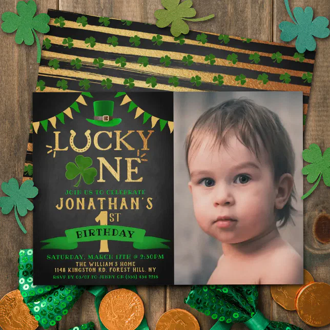 Lucky One Chalkboard Photo 1st Birthday Invitation | Zazzle