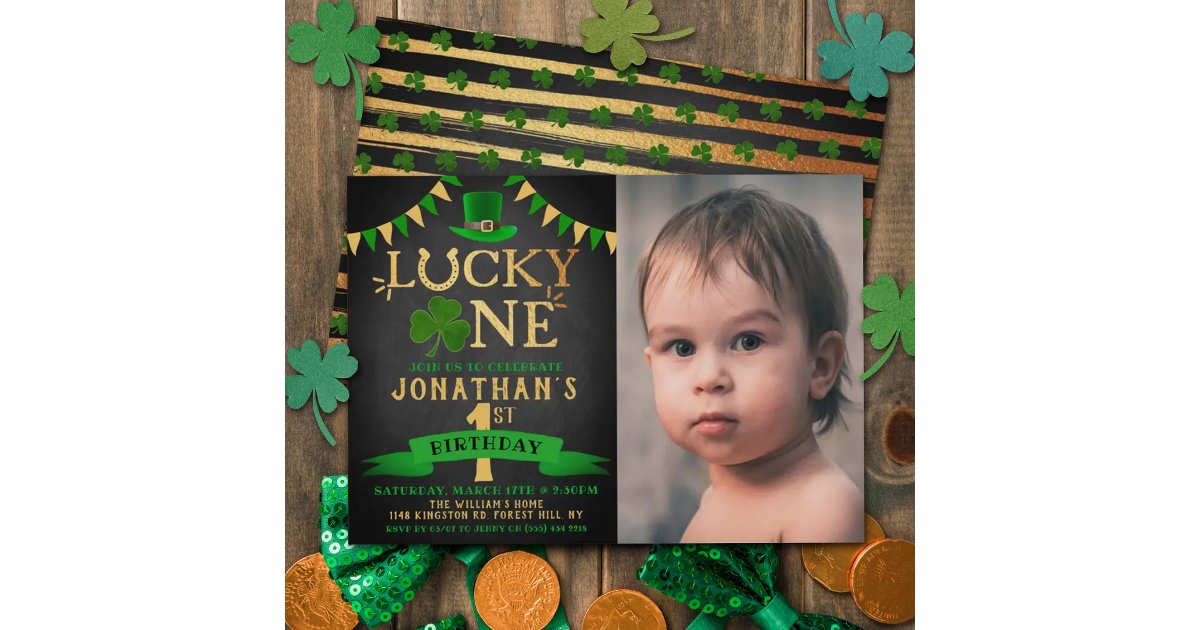 Lucky One Chalkboard Photo 1st Birthday Invitation | Zazzle