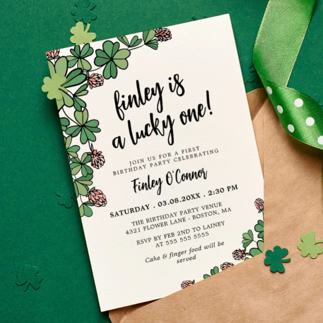 Lucky One Four Leaf Clover 1st Birthday Party Invitation | Zazzle