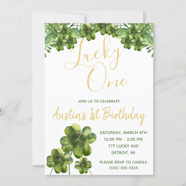 Lucky One, Four Leaf Clover First Birthday Invitation | Zazzle