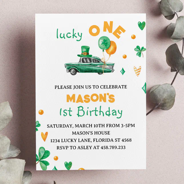 Lucky One Green Four Leaf Clover Birthday Invitation | Zazzle