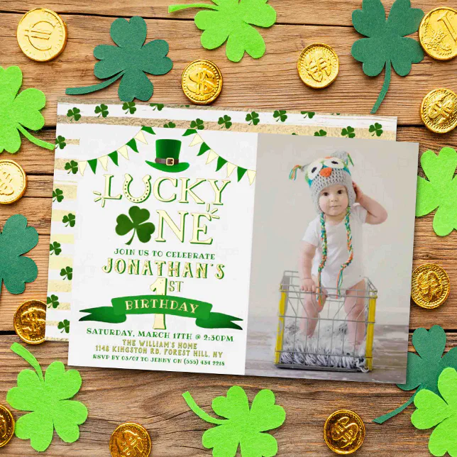 Lucky One Photo 1st Birthday Real Foil Invitation | Zazzle