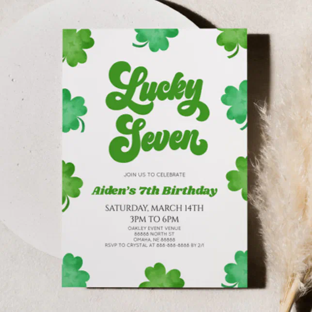 Lucky Seven Green Clover 7th Birthday Party Invitation | Zazzle